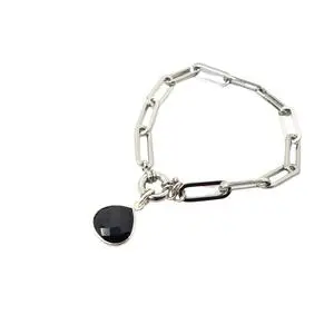 HARFI Black / Silver Shiny Black Onyx Healing Crystal Silver Bracelet - Black/silver