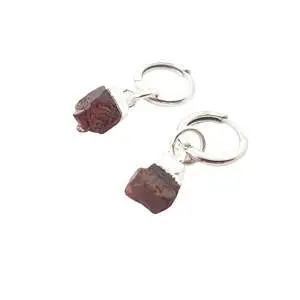 HARFI Red / Silver Raw Garnet January Birthstone Sterling Silver Huggies - Red/silver