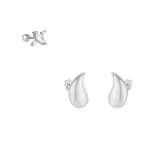 SPERO LONDON Pear Teardrop Earrings And Marquise Stud Piercing Sterling Set - Silver