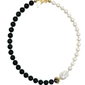 FARRA Freshwater Pearls With Black Gemstone Timeless Necklace