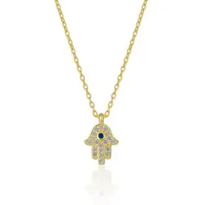 SPERO LONDON Hamsa Hand Necklace Sterling Silver With Blue Stone - Gold