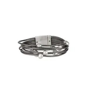 Saachi Multi Strand Leather Pearl Dim Bracelet - Grey