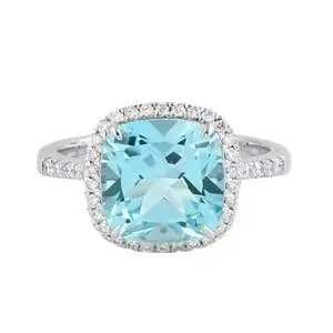 ARTISAN White / Blue 14k White Gold Blue Topaz & Diamond Halo Solitaire Ring - White/blue