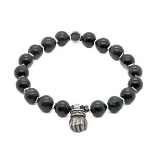 EBRU JEWELRY Black Tiger's Eye And Sterling Silver Hand Charm Beaded Bracelet - Black/silver