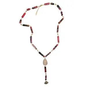 FARRA Elegant Y-shaped Rhodonite Necklace With Tassel Accents - Red