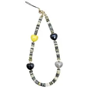 FARRA Black Shell With Ceramic Hearts Artistic Phone Strap - Grey