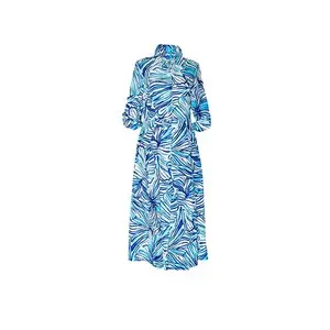 PERLAVERA Leila Sentry Cerulean Linen Blend Three Quarter Sleeve Length Flared Bottom Maxi Dress - Blue/white