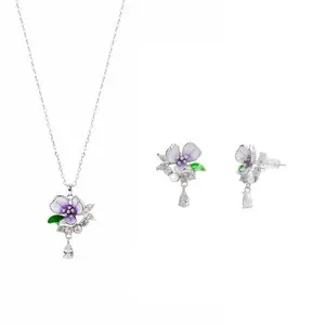 SPERO LONDON Pansy Violet Floral Necklace & Earring Set In Sterling - Silver