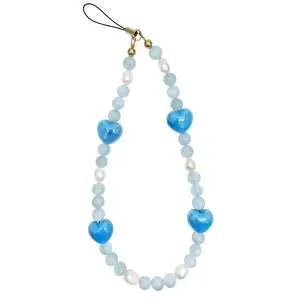 FARRA Aquamarine And Freshwater Pearls With Hearts Phone Strap - Blue