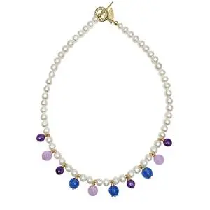 FARRA Freshwater Pearl With Blue Berry And Amethyst Drop Necklace - Purple