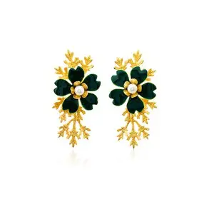 MILOU JEWELRY Dark Flower Earrings With Gold Branches - Green