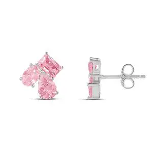 SHYMI Silver / Pink Multi Shape Three Stone Studs- Pink & Silver - Silver/pink