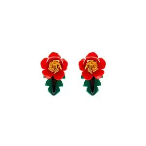 GISSA BICALHO Handmade Acrylic Earring Rose And Leaf S And Red - Black