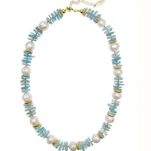 FARRA Blue / White Baroque Pearls With Aquamarine Stone Short Necklace - Blue/white