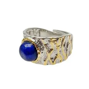 FARRA Lapis Stone Platinum Plated Brass Adjustable Ring - Blue