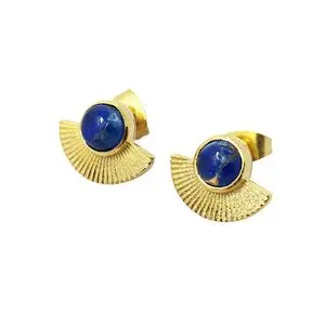 HARFI Gold / Blue Sapphire September Birthstone Gold Plated Fan Earrings - Gold/blue