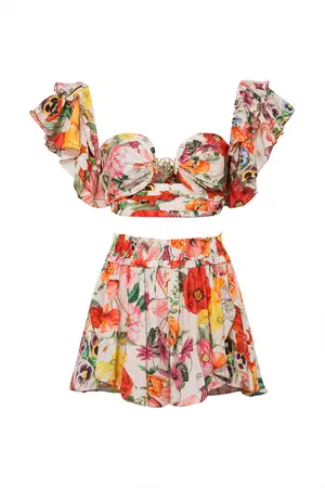 LUNA B Ecru Floral Ruffle Top