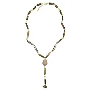 FARRA Y Shaped Tiger-eye Stone With Rhinestone Tassel Lariat Necklace - Brown
