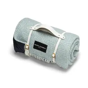 HEATING & PLUMBING LONDON Pure New Wool Picnic Blanket Lollypop Duck Egg Short White Leather Strap - Blue
