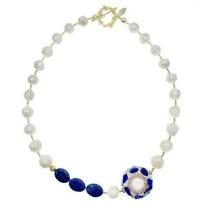 FARRA Blue / White Irregular Pearls With Lapis Rhinestone Short Necklace - Blue/white