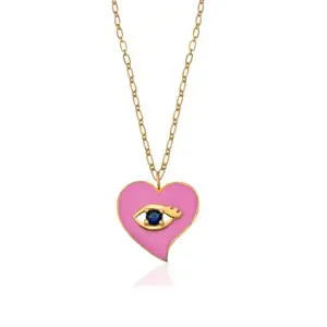 MILOU JEWELRY Milou Jewelry Gold-Plated Brass Heart Pendant Necklace With Evil Eye Motif Pink