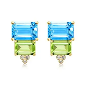 KAI FINE JEWELRY Emerald-cut Topaz, Peridot And Diamond Earrings In 14k Yellow Gold - Gold/blue/green
