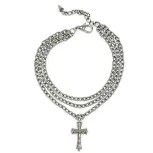 JAGGED HALO JEWELRY Triple Chain Cross Pendant Necklace - Silver
