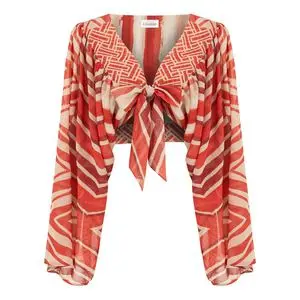 LILAMIE Aruba Front Tie Long Sleeve Summer Top - Red