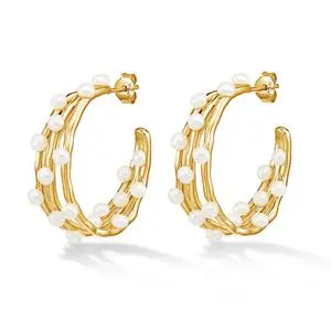 DOWER & HALL Medium Triple Row Waterfall Pearl Hoops In Vermeil - Gold