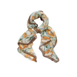 Saachi Orange / Grey Floral And Fruit Pleated Scarf - Orange/grey