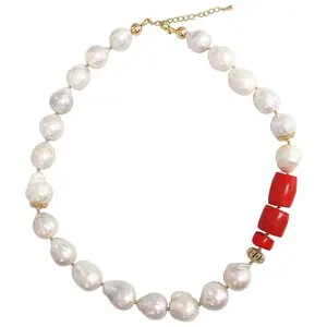 FARRA Nugget Baroque Freshwater Pearls With Red Coral Choker - White