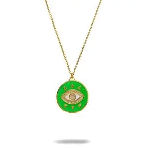 EBRU JEWELRY Cheerful Neon Evil Eye & Diamond Pendant Gold Chain Necklace - Green