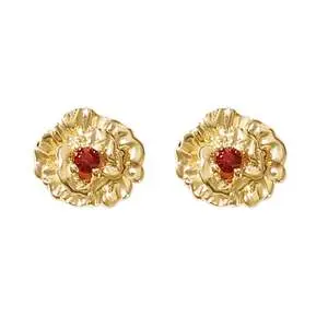 HARFI Red / Gold Garnet January Birthstone Carnation Birthflower Gold Plated Stud Earrings - Red/gold