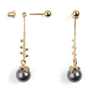 KASUN LONDON Drop Dark Grey Pearl Earrings - Gold