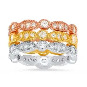 KYLIE HARPER Tri Color Three Pc Stackable Diamond Cz Ring Set In Sterling Silver - Gray