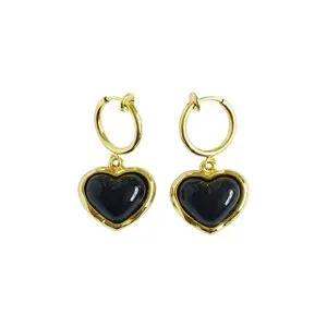 POPORCELAIN Black / Gold Porcelain Black Heart Clip-on Hoop Earrings - Black/gold