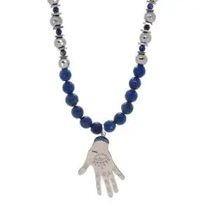 EBRU JEWELRY Blue / Silver Lapis Lazuli & Hematite Stone Sterling Silver Hamsa Pendant Beaded Necklace Blue - Blue/silver