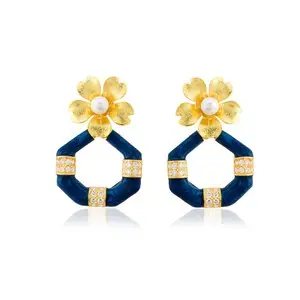 MILOU JEWELRY Navy Geometric Drop Flower Earrings - Blue