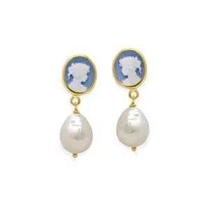 VINTOUCH ITALY Blue / Gold Sky Blue Mini Cameo & Pearl Drop Earrings - Blue/gold