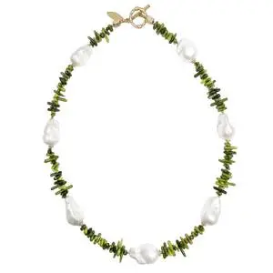 FARRA Bohemian Bamboo Coral With Baroque Pearls Necklace - Green