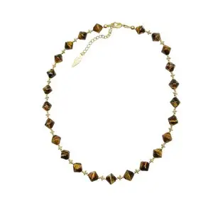 FARRA Tiger Eye Stone Minimalist Choker Necklace - Brown