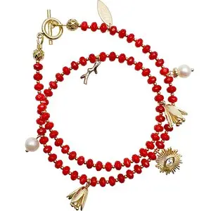 FARRA Double Layer Coral With Evil Eye Charm Multi-way Bracelet - Red