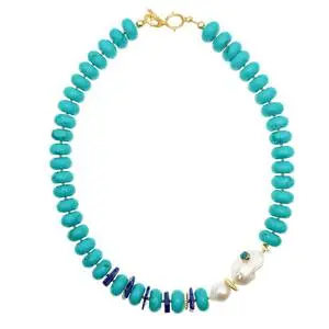 FARRA Turquoise With Studded Baroque Short Necklace - Blue