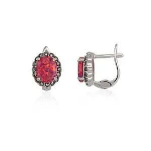 SPERO LONDON Oval High Quality Opal Earrings Sterling Silver - Red