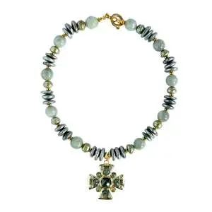 EDGAR NAVARRO JEWELRY Labradorite And Mother Of Pearl Necklace With Gold-plated Labradorite Cross Pendant - Grey/green