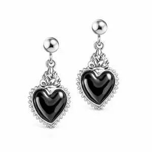 UNALOE Silver / Black Silver Earrings With Black Heart Pendant– Sacred Heart Style, Handmade Jewelry, Elegant Earrings - Silver/black
