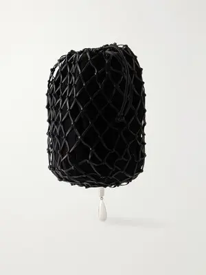 Savette Macrame Bead-embellished Suede-trimmed Leather Pouch