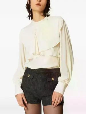 TWINSET Ruffled High Neck Long Sleeve Blouse - Neutrals