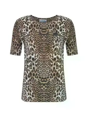 GANNI Leopard-print Logo-patch T-shirt - Neutrals