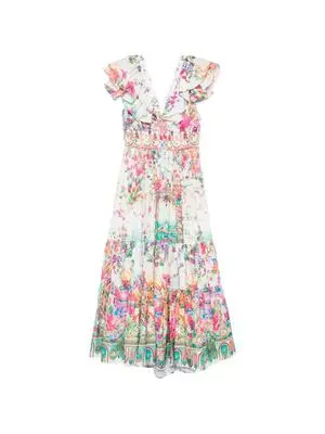 PAPER LACE Floral-print Ruffled Midi Dress - White